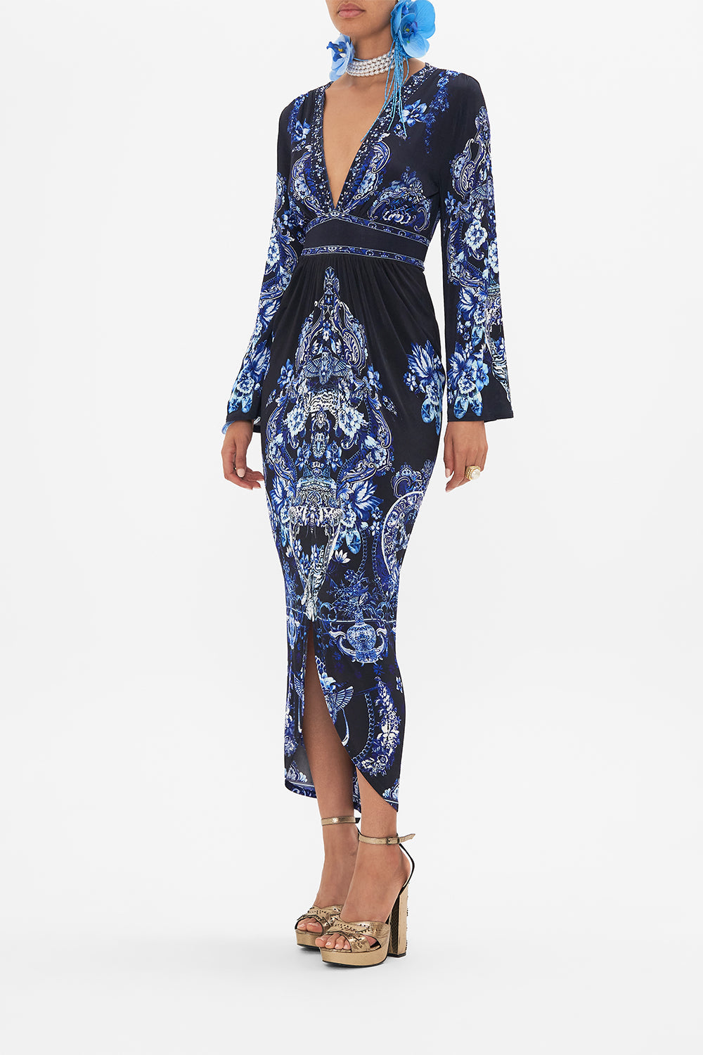 Gathered V Neck Jersey Dress Delft Dynasty | CAMILLA EU – CAMILLA EU