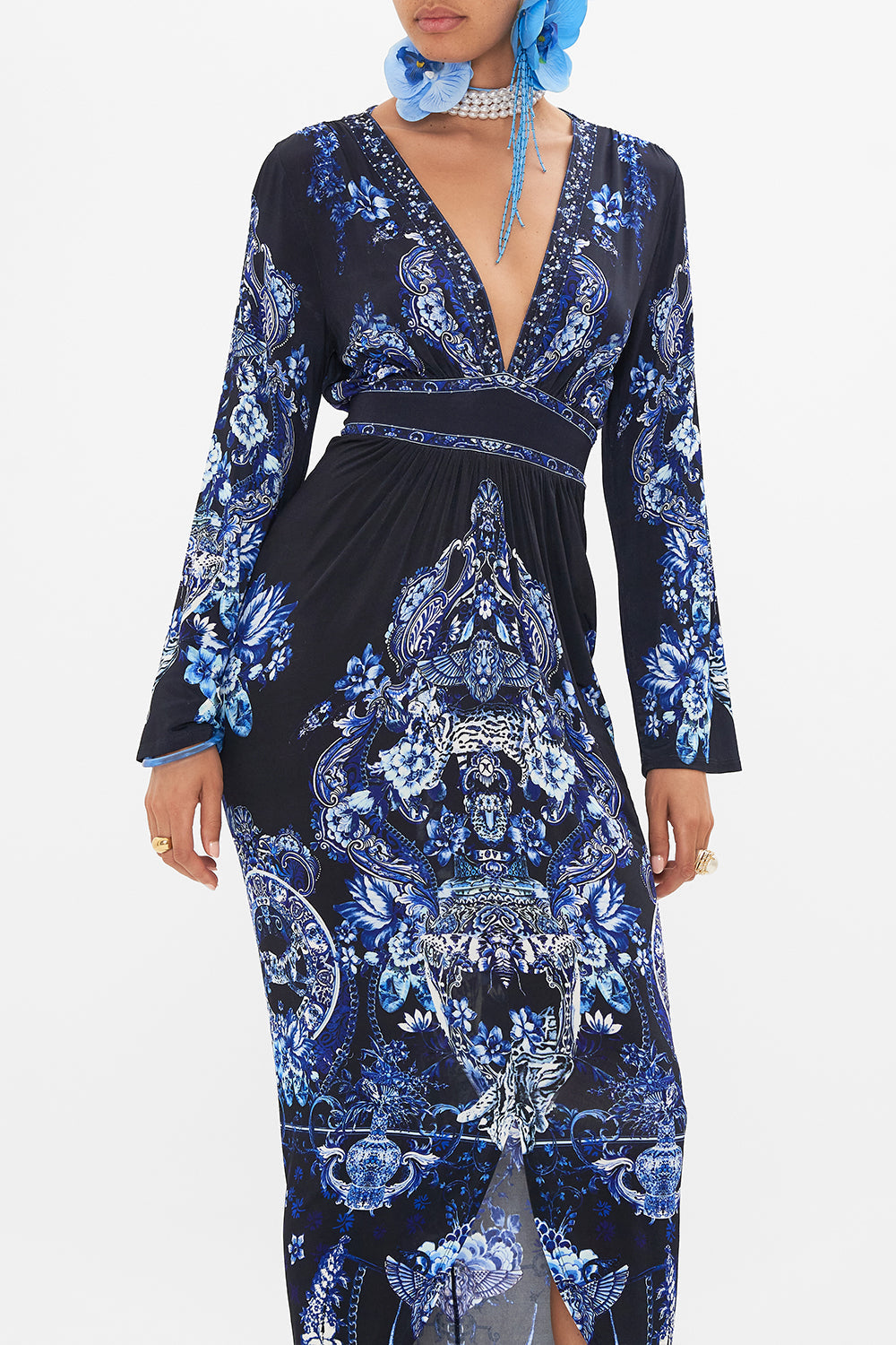 Gathered V Neck Jersey Dress Delft Dynasty | CAMILLA EU – CAMILLA EU